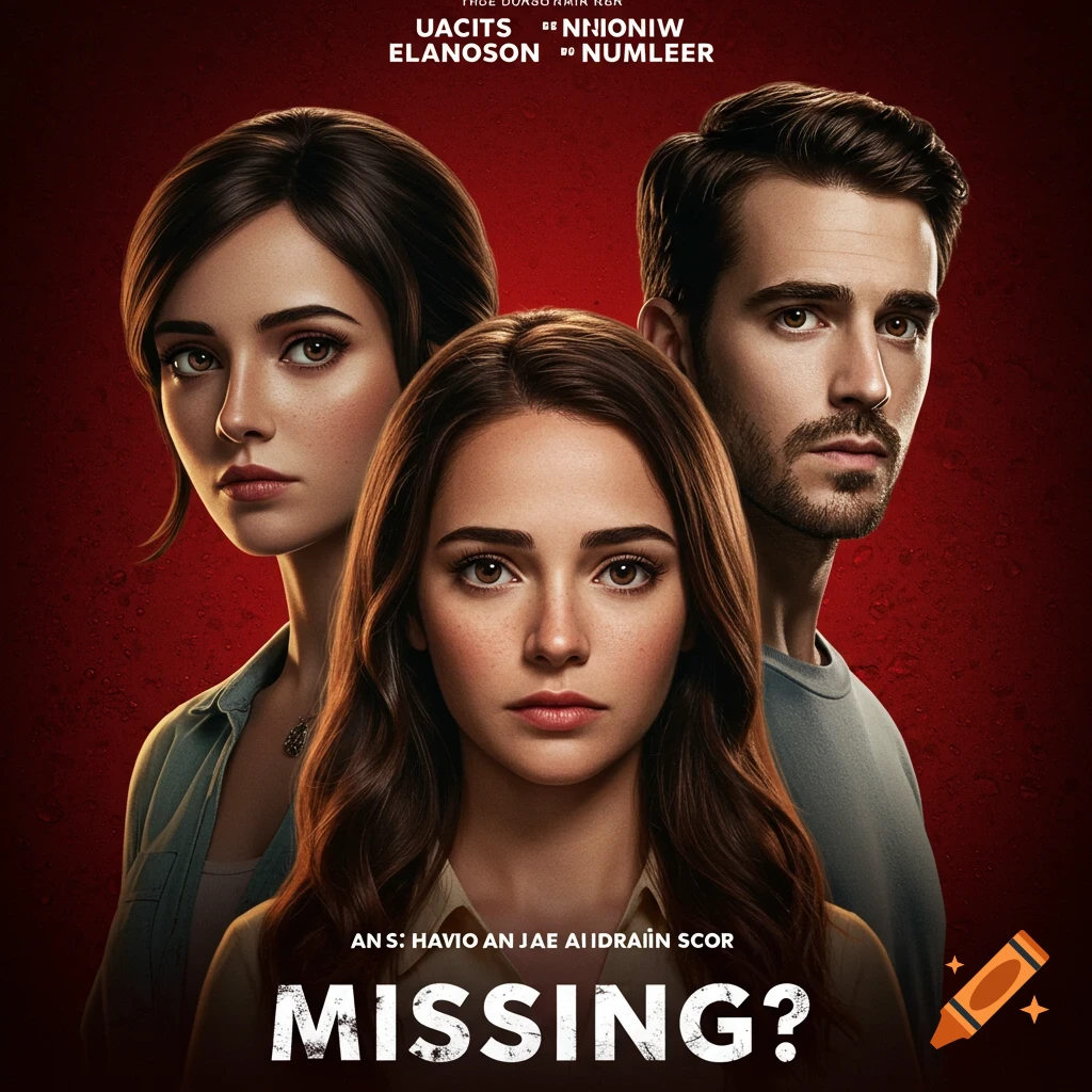 Thriller movie poster Missing with characters Elena, Luca, Noah on Craiyon