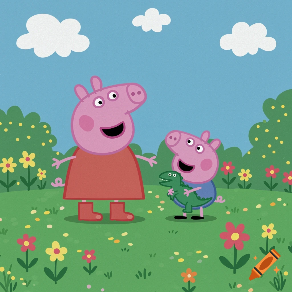 Peppa Pig cartoon character holding a flamethrower on a sidewalk. on ...