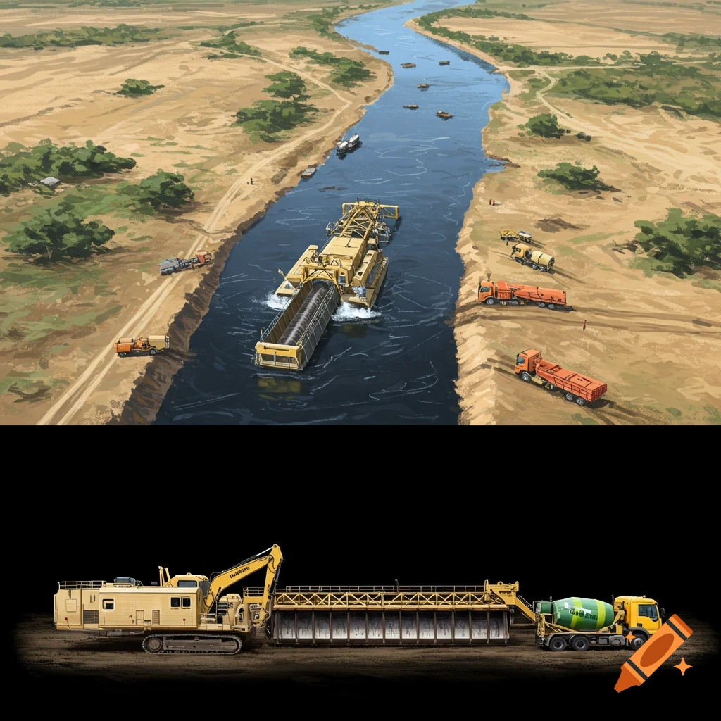 Large river digging machine in a river and construction vehicles on the ...