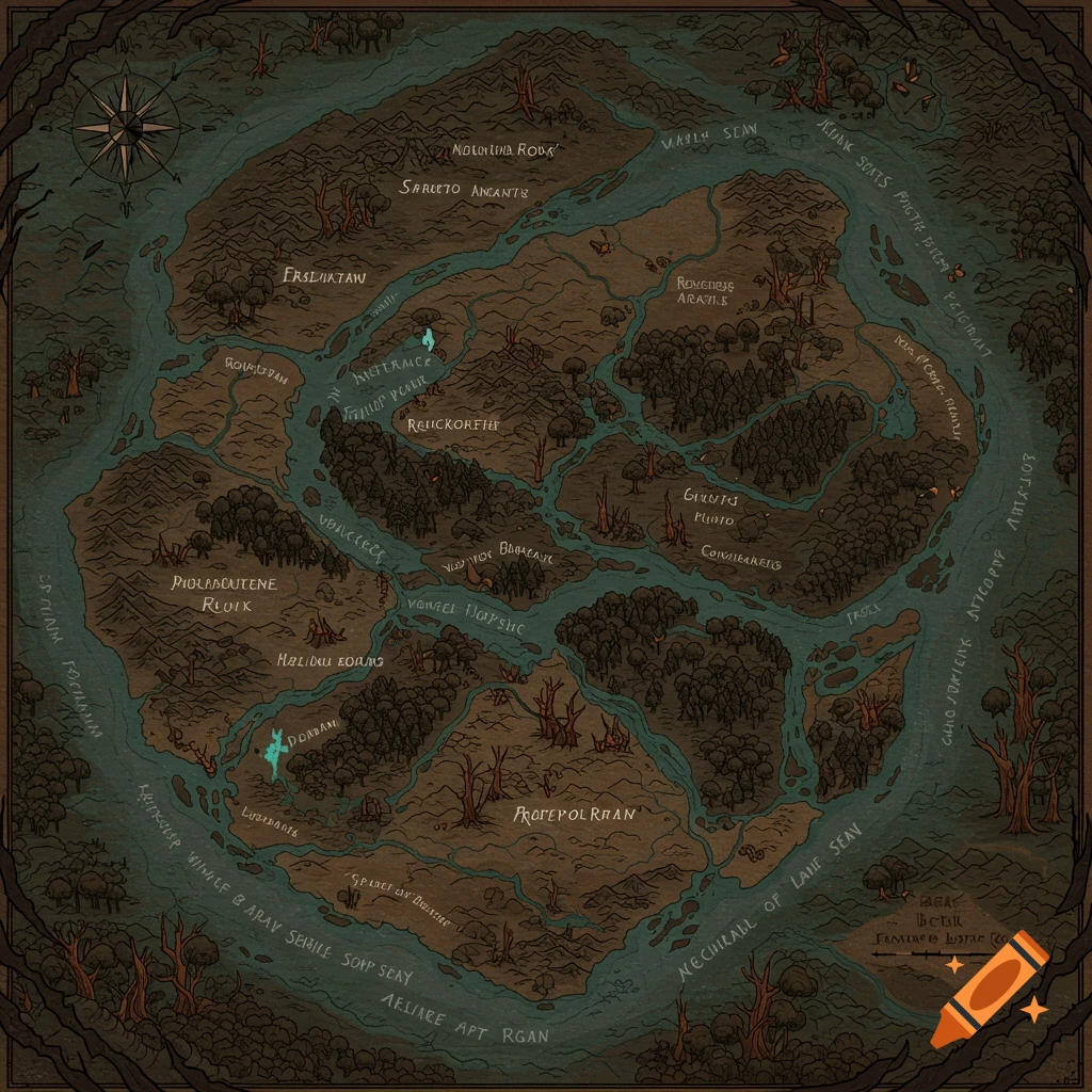 Dark fantasy map of a fractured forest in the style of Warrior Cats ...