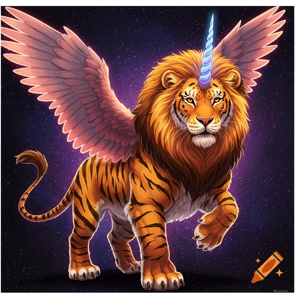 Lion with wings, unicorn horn, tiger stripes, and thick hair on its ...