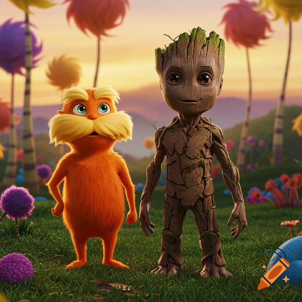 Big yellow Groot holding a hammer in the winter forest on Craiyon