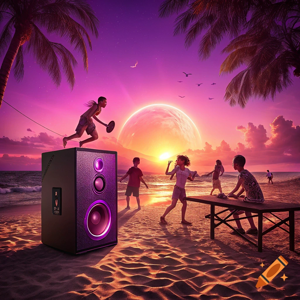 Sunset beach collage with music speaker and kids playing. on Craiyon