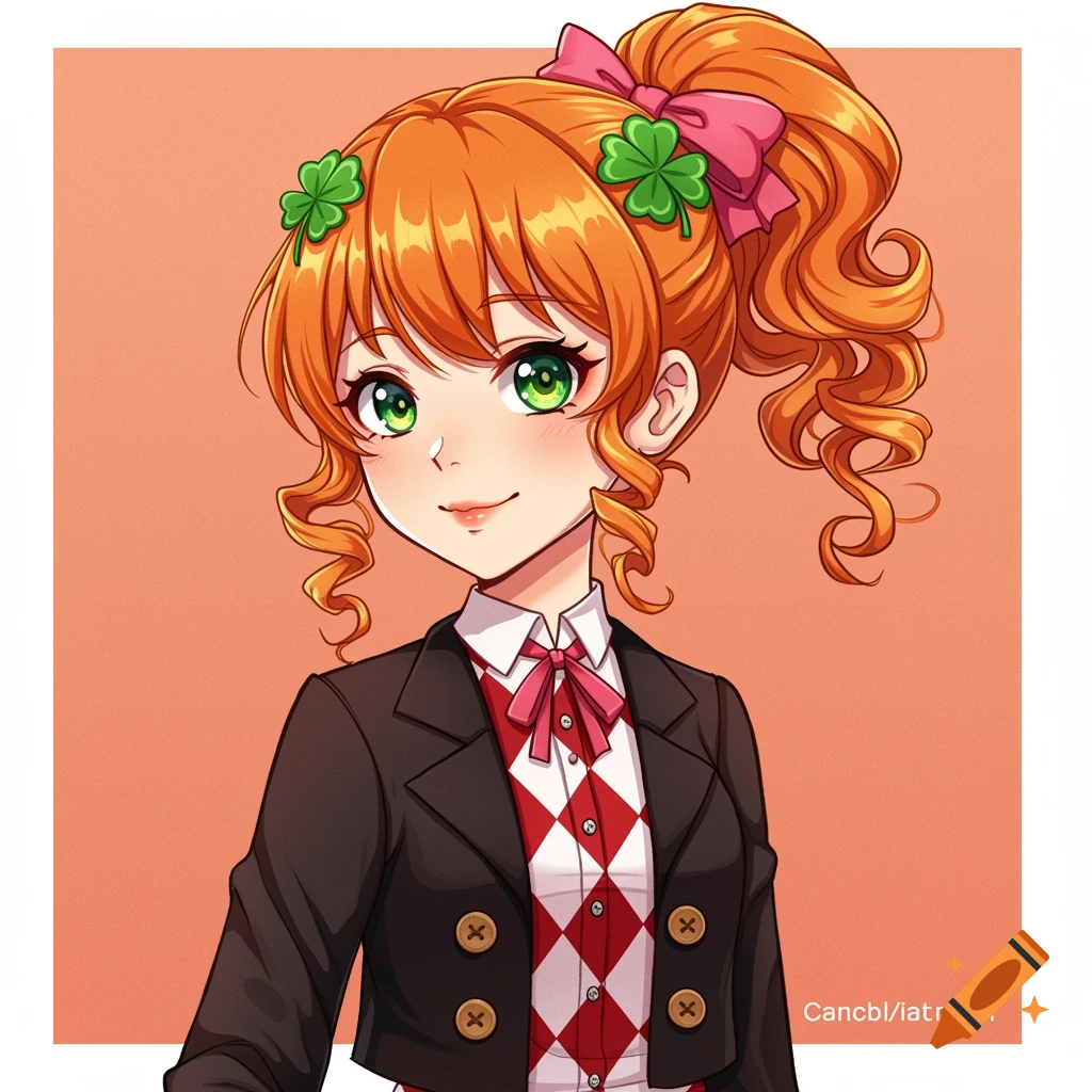 Anime girl with orange hair, clover accessories, and red and white ...