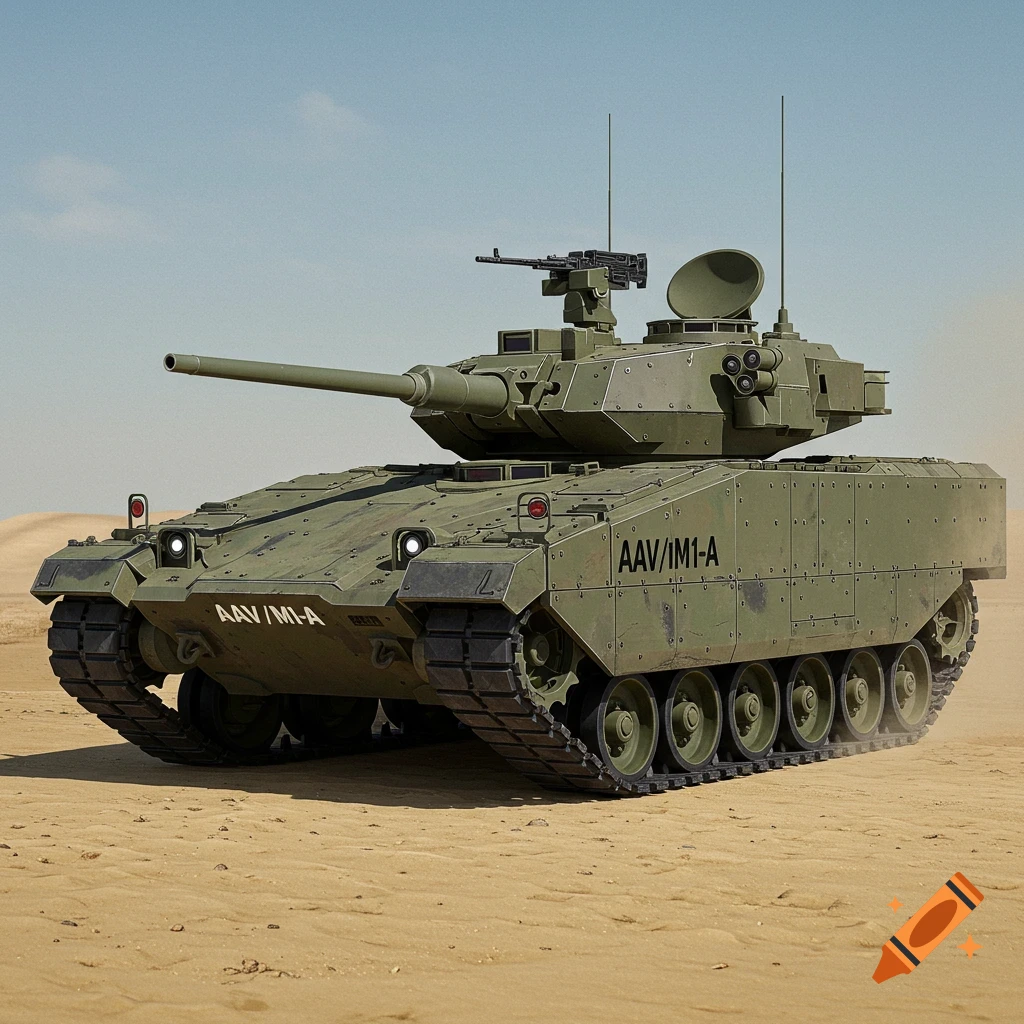 Autonomous tank with 150mm cannon in desert setting on Craiyon
