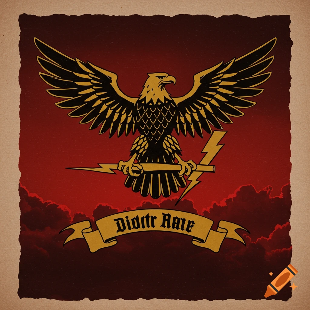 Red eagle emblem holding lightning bolts and staff on a red background ...