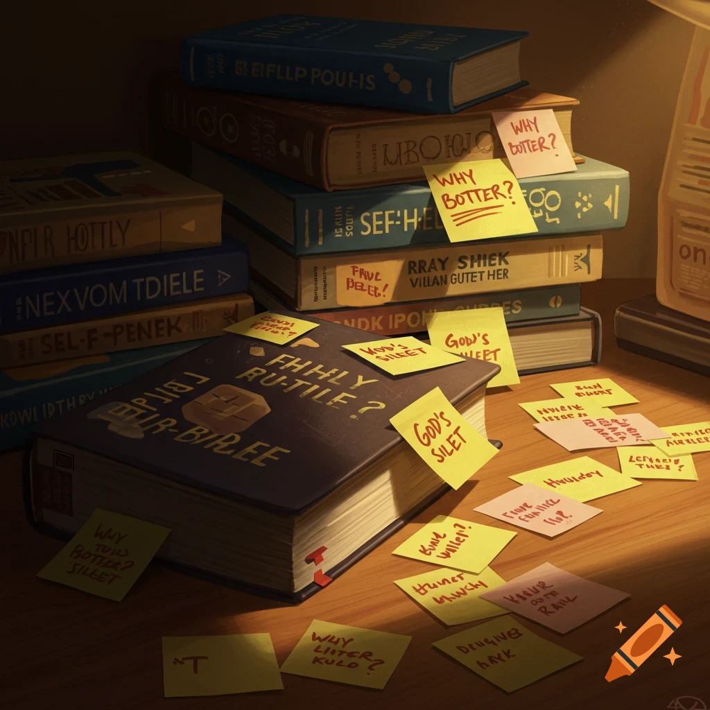 Messy desk with Bible, self-help books, sticky notes on Craiyon