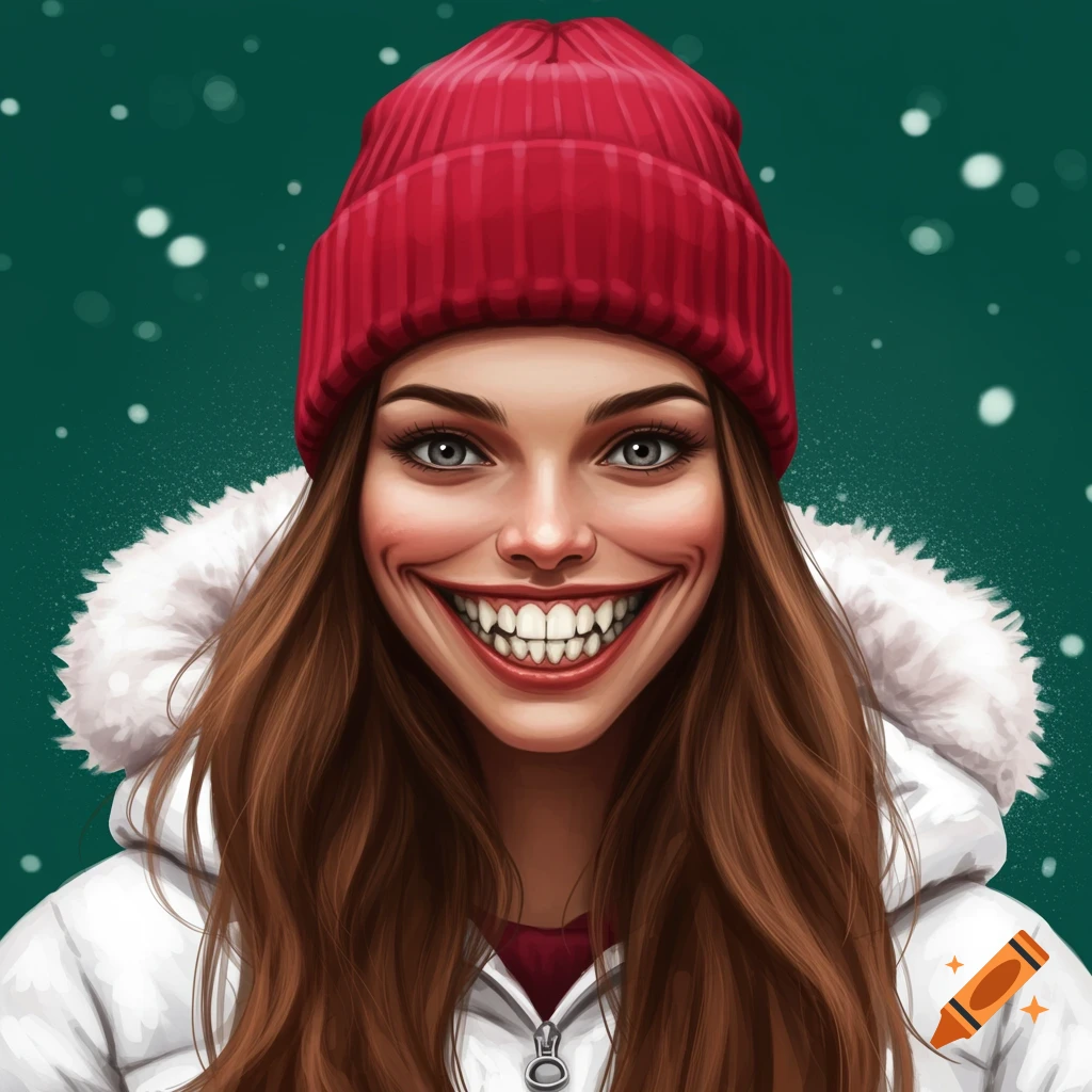 Young woman with brown hair, red beanie, white coat, and a creepy smile ...