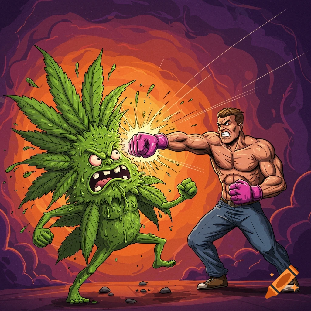Cartoon man punches a marijuana plant monster in a vibrant, stylized ...