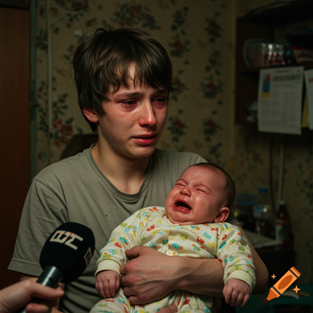 A crying teenage boy holds a crying infant child while being ...