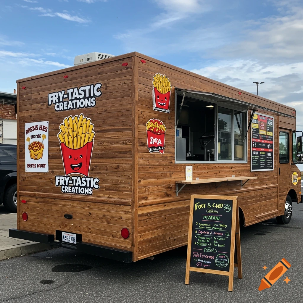 A wooden food truck with cartoon french fry characters and signage ...