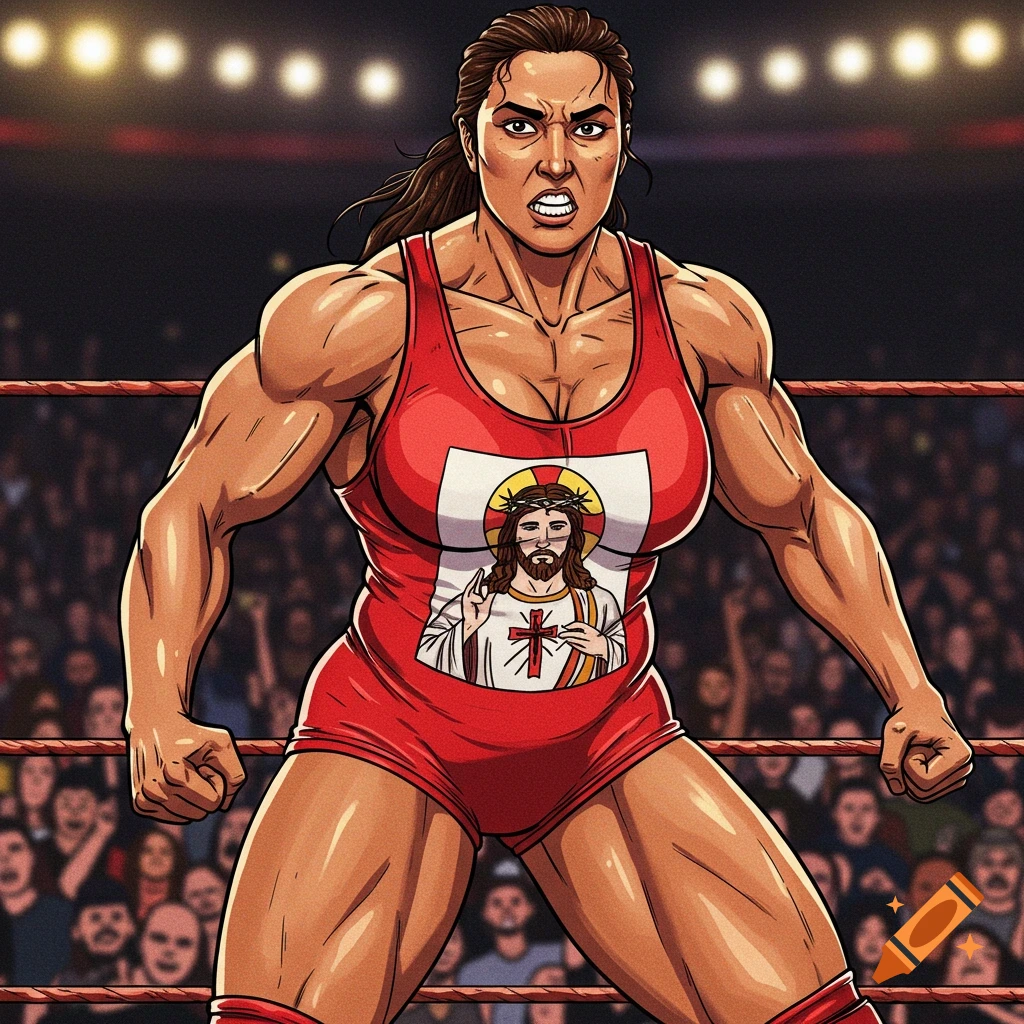 Cartoon drawing of a muscular wrestler in a black singlet holding a ...