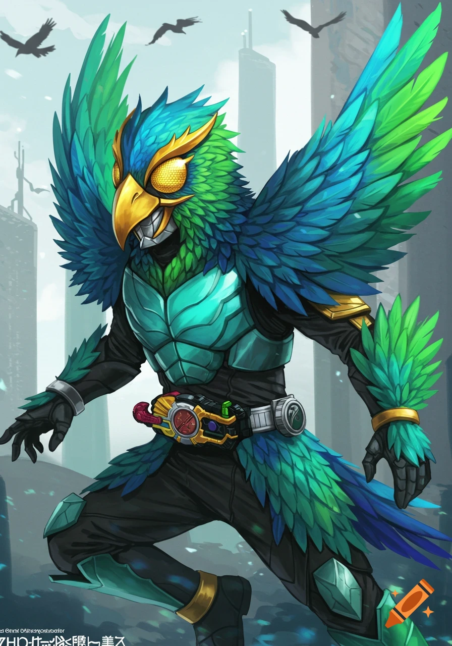 A bird-themed superhero stands against a backdrop of a cityscape. on ...