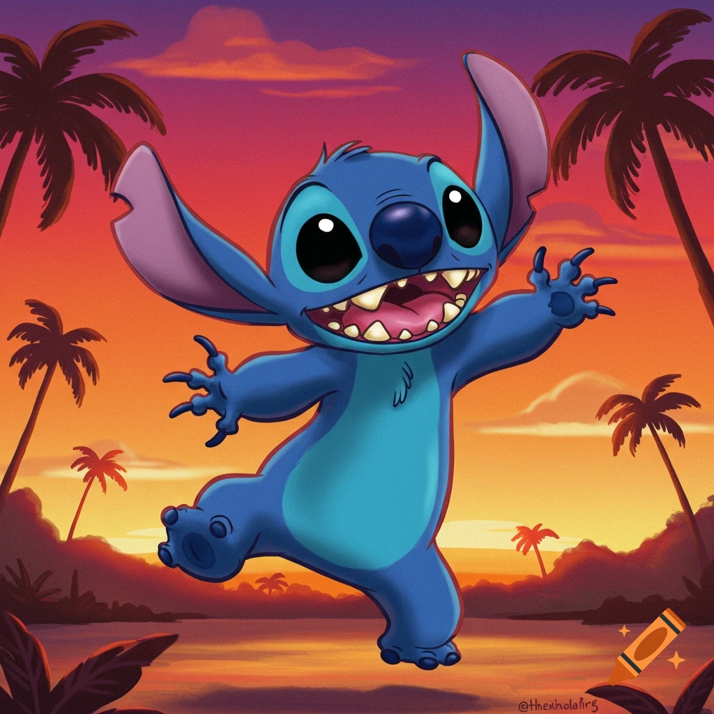 Lilo hugging Stitch on a beach with palm trees on Craiyon