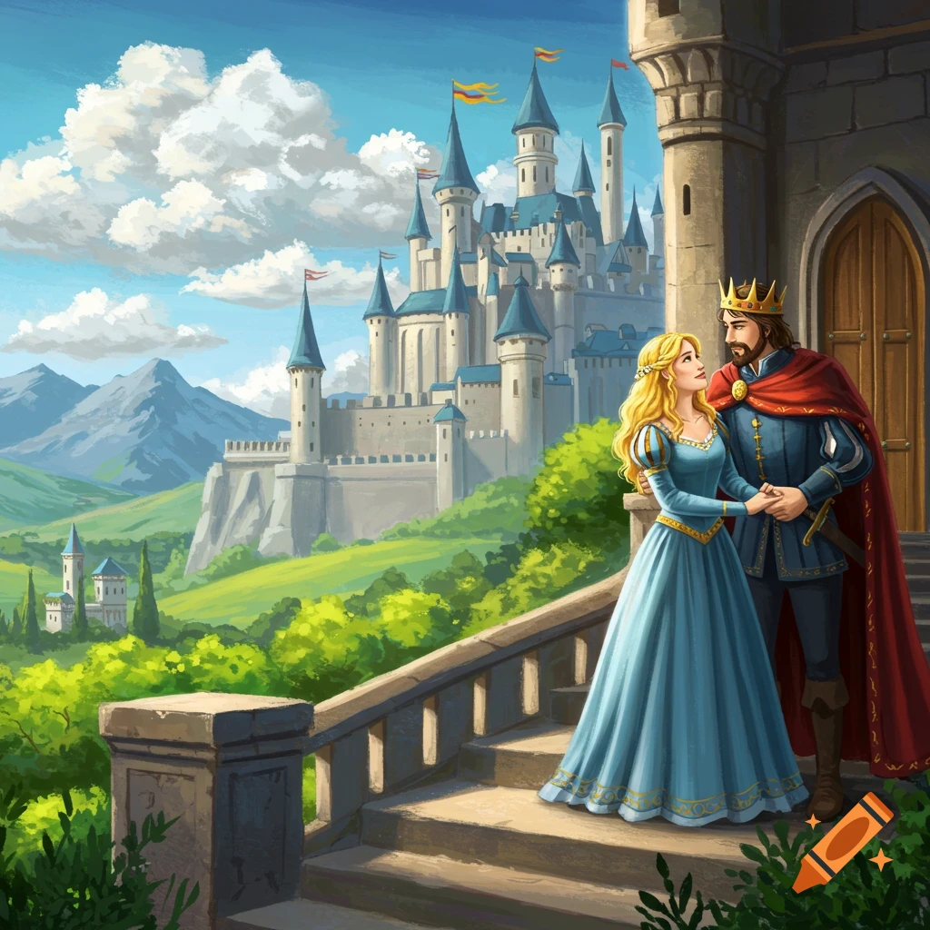 King and princess in a beautiful castle, peaceful kingdom on Craiyon