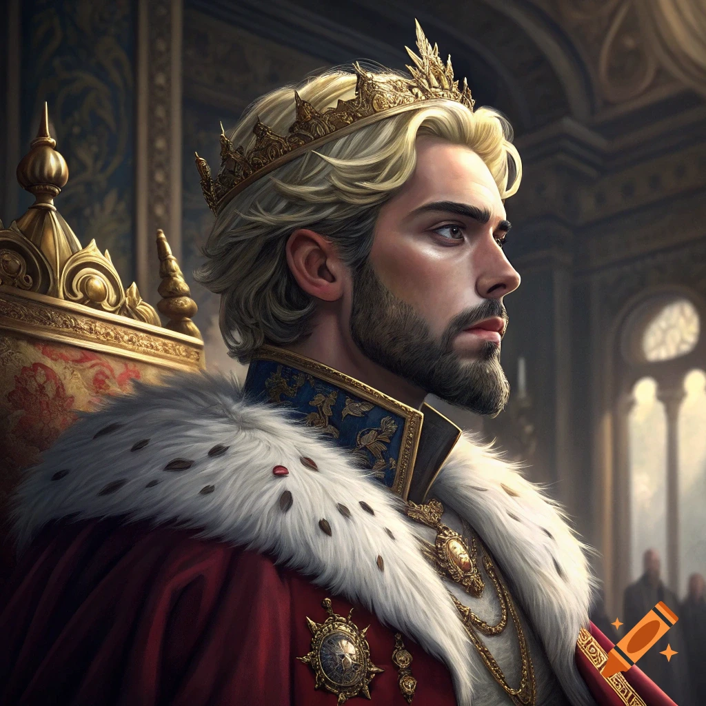 A king with blonde hair and a beard sits on a throne, wearing a crown ...