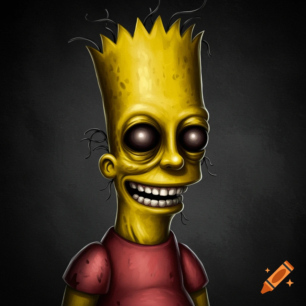 An illustration of a distorted Lisa Simpson with glowing eyes, creepy ...