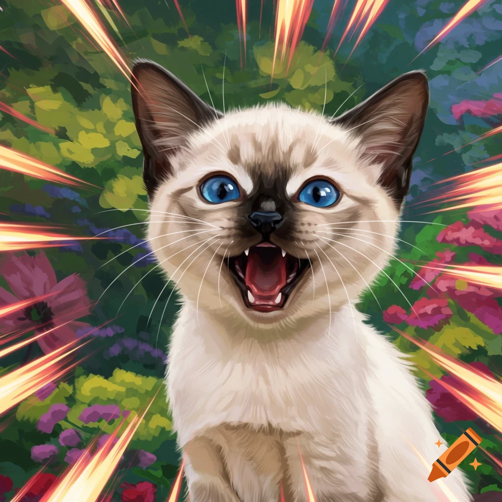 Cute Siamese kitten screaming with shock waves on Craiyon