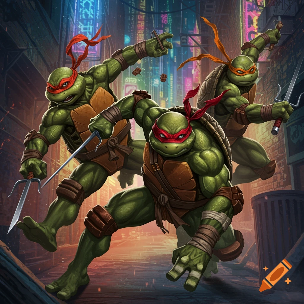 Four Teenage Mutant Ninja Turtles and a human character stand side by side in an urban setting ...