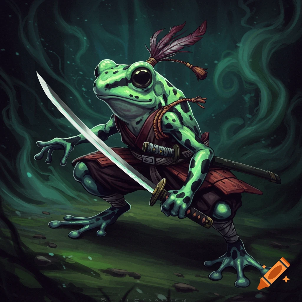 Green and black poison dart frog as a demon slayer on Craiyon