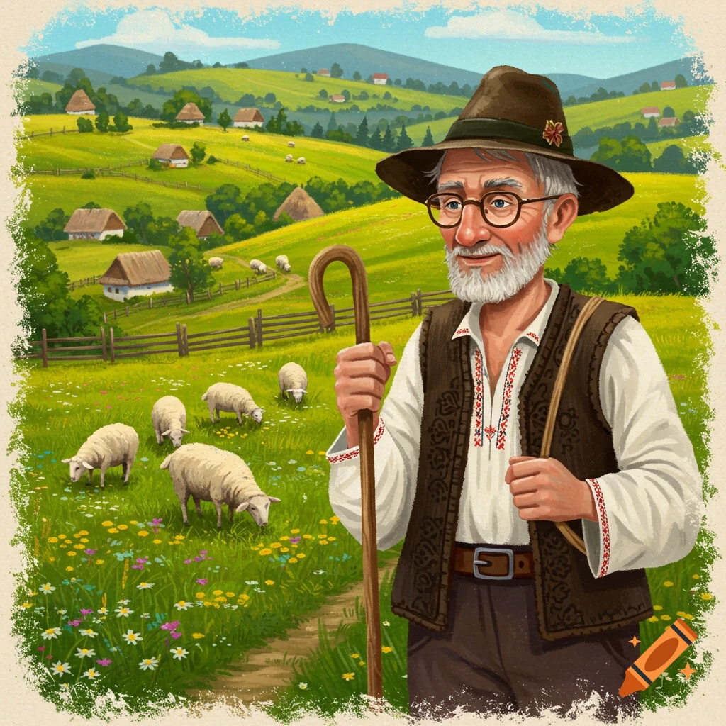 Man with glasses in the Romanian countryside as a shepherd overseeing ...