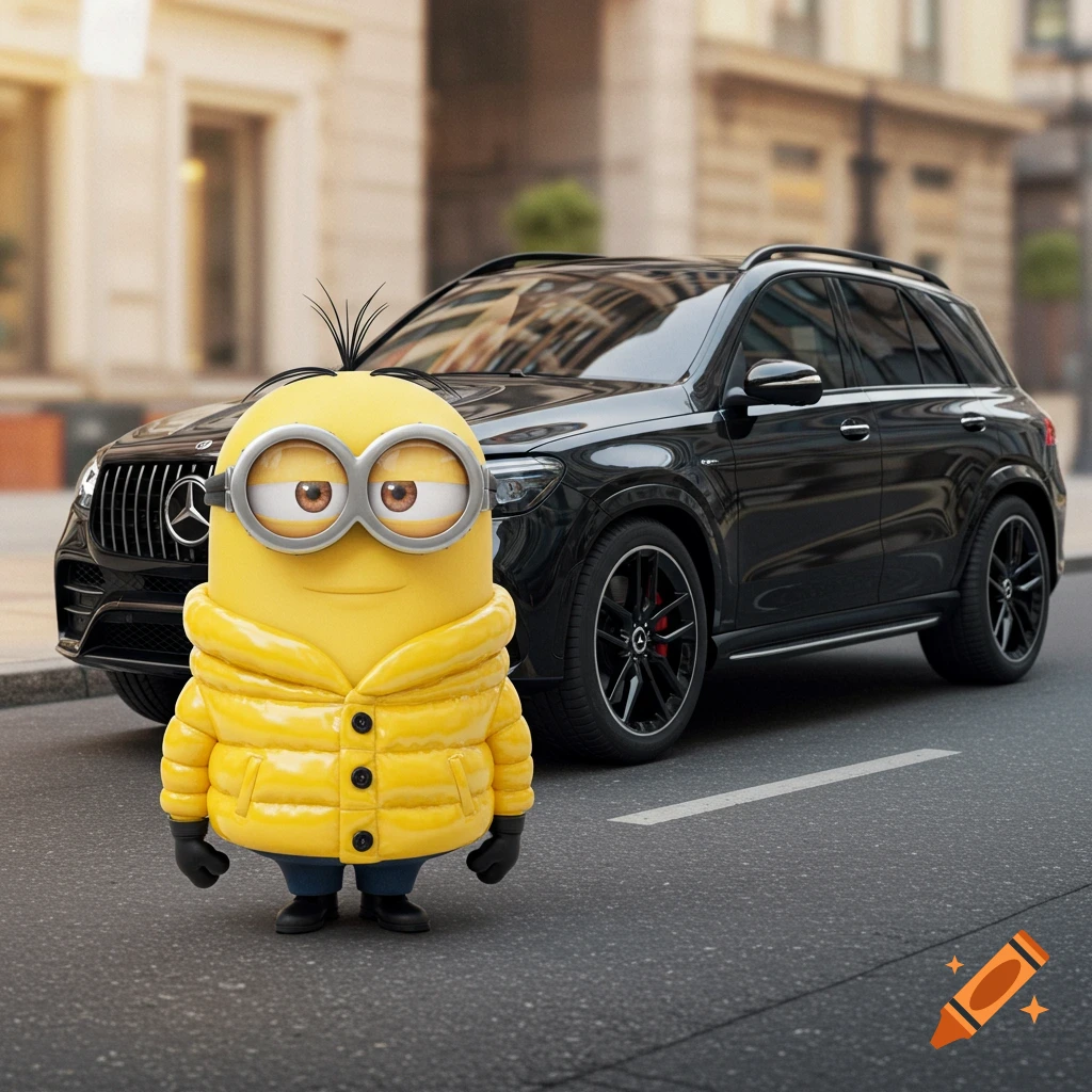 Minion wearing sunglasses and a puffer coat in front of an AMG GLE on ...