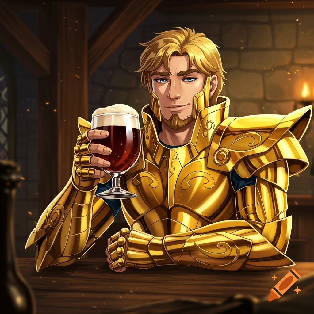 An anime-style man in golden armor sits at a table in a tavern holding ...