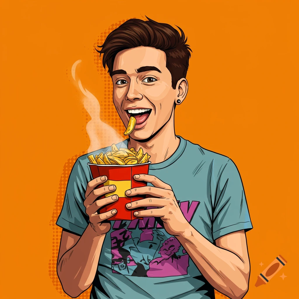 Cartoon illustration of a smiling young man eating french fries from a ...