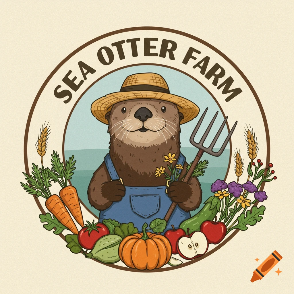 Sea Otter Farm logo with farmer otter, vegetables, apples, and flowers ...