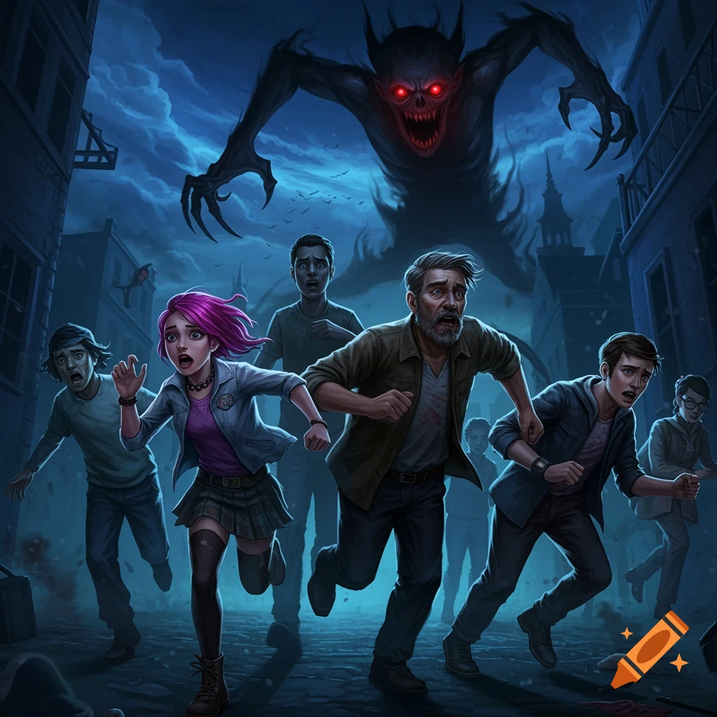 People run in terror from a shadowy monster in a dark city street. on ...