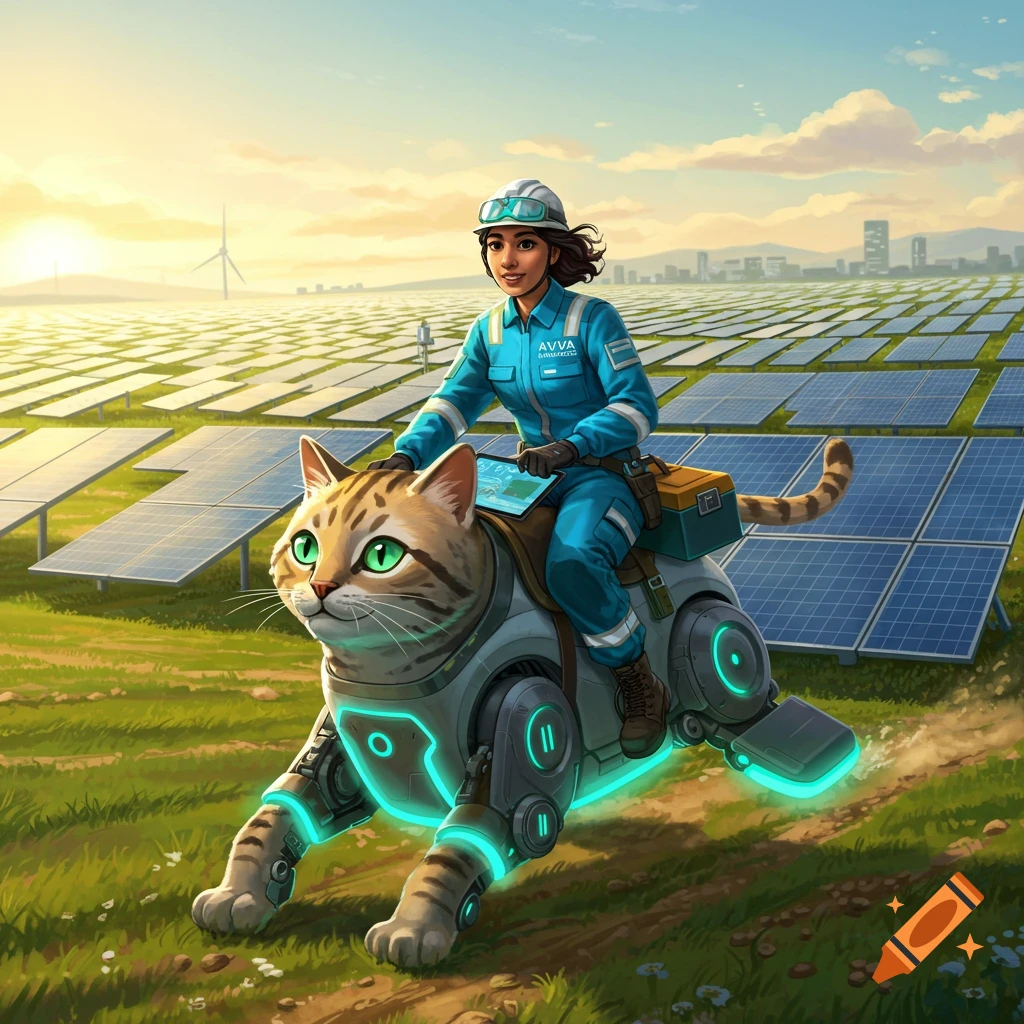 An engineer riding a cyborg cat through a large solar panel farm at ...