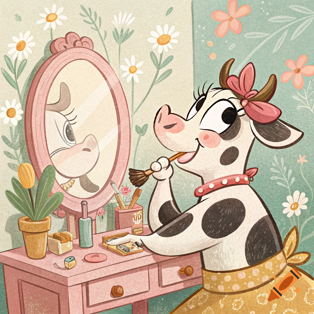 Cartoon cow applying makeup at a vanity mirror in watercolor style on ...