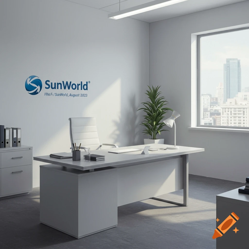 Office setup backdrop with SunWorld logo on Craiyon