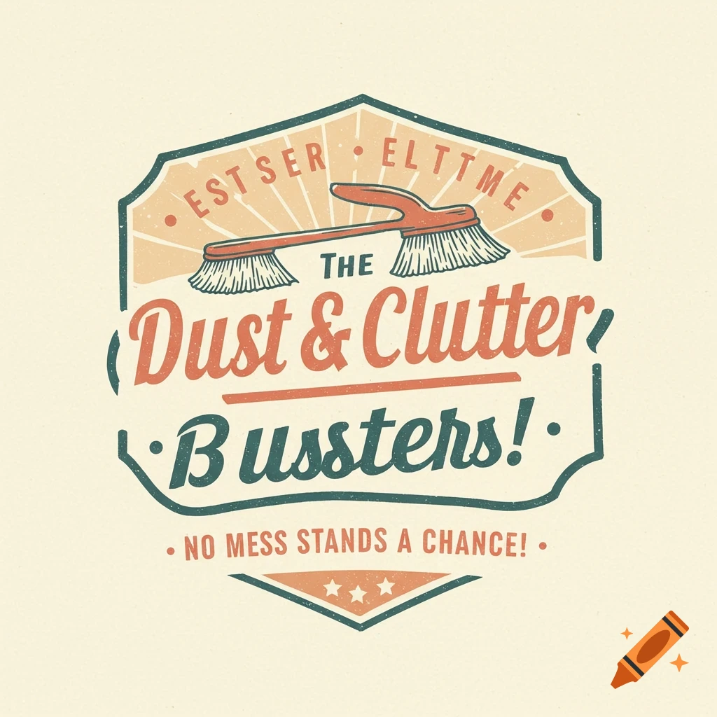 Retro logo for The Dust & Clutter Busters with vintage script on Craiyon