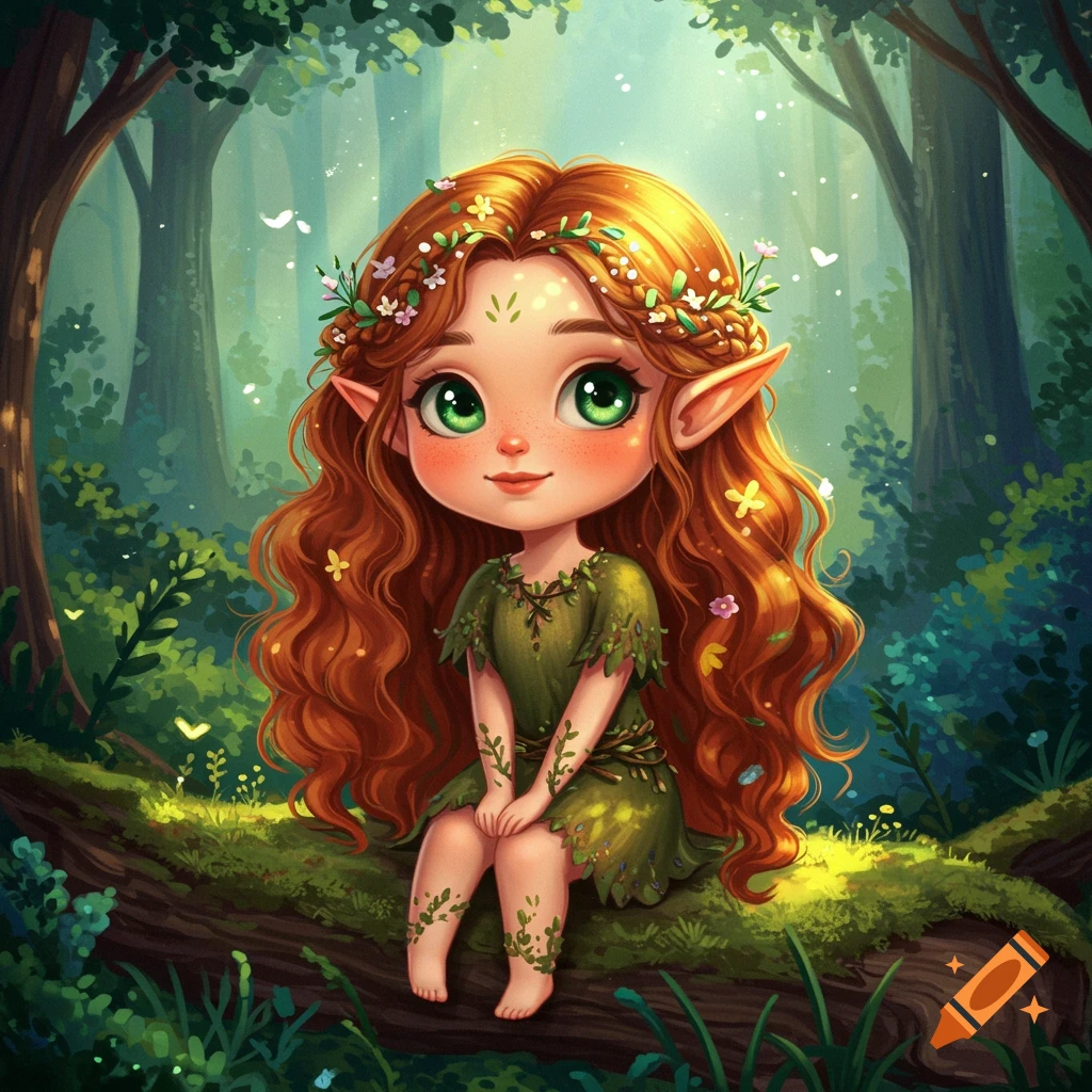 Cute cartoon fantasy elf girl with long red hair sitting on a mossy log ...