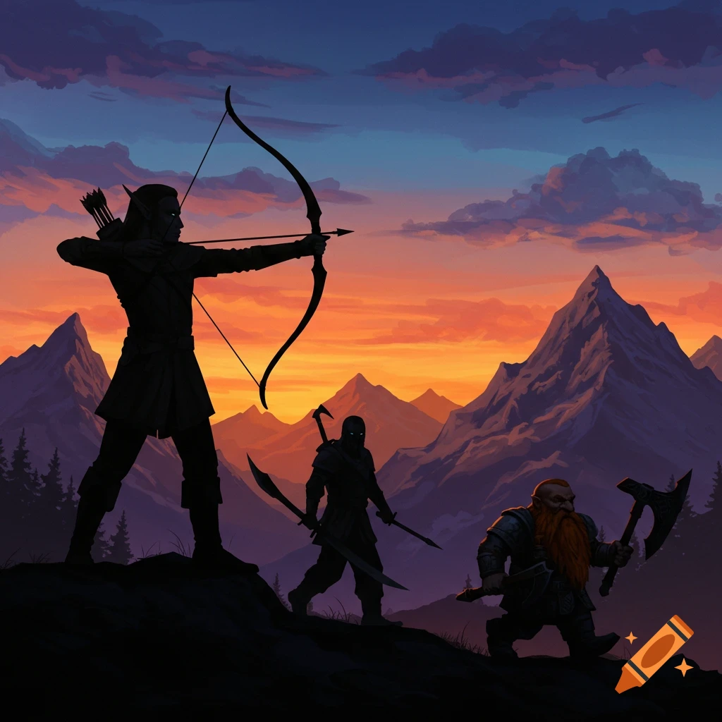 Silhouettes of an elf, man, and dwarf with weapons against a mountain ...