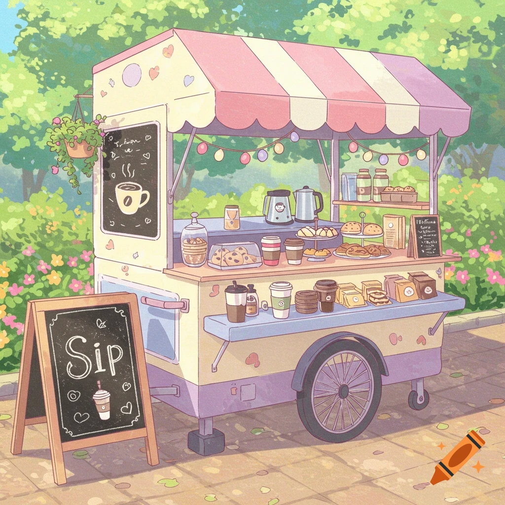 A cute coffee cart called 'Sip' in a park. on Craiyon