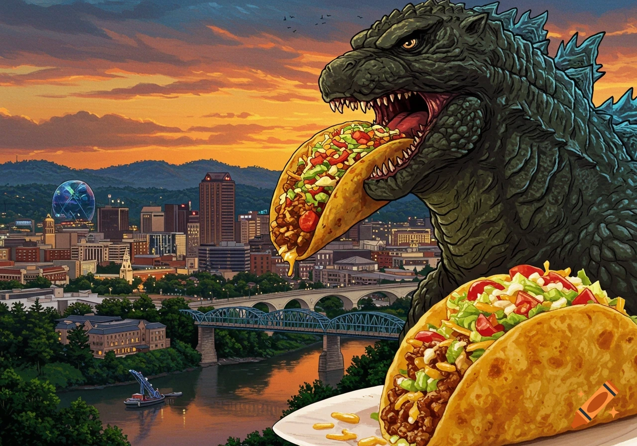 Chattanooga Tennessee with Godzilla eating a taco on Craiyon