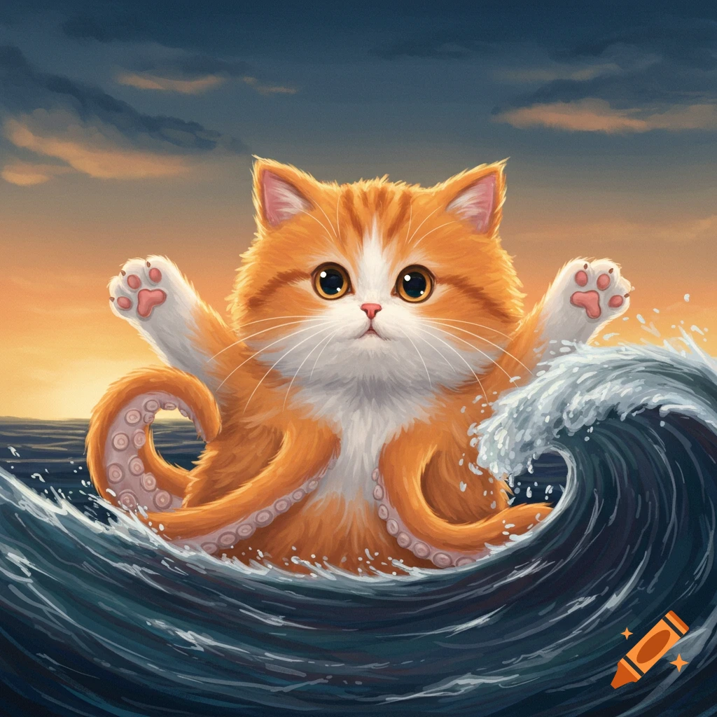 A photorealistic image of a tabby cat with red crab claws and carapace ...