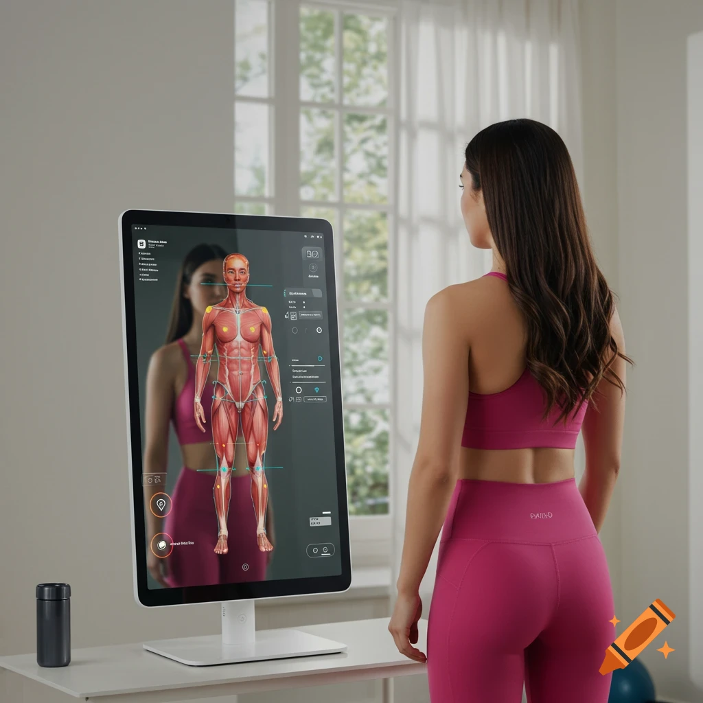 Woman using smart fitness mirror with body scan on Craiyon