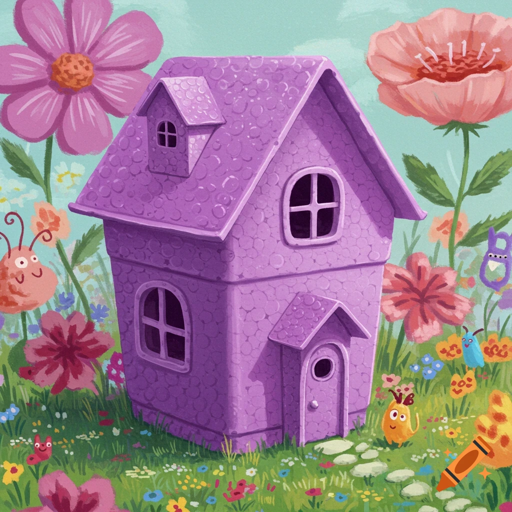 A whimsical purple house sits in a vibrant garden, surrounded by ...