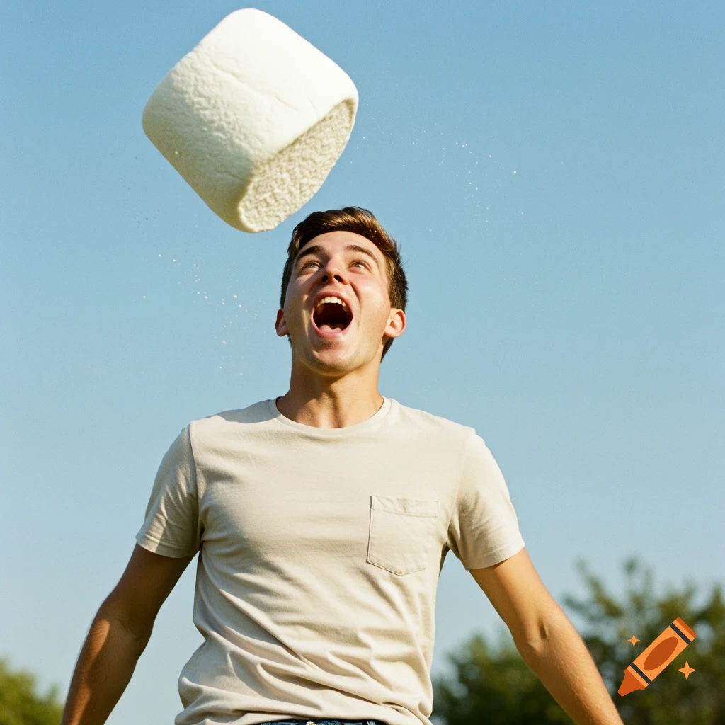 Man catching marshmallow in mouth on Craiyon