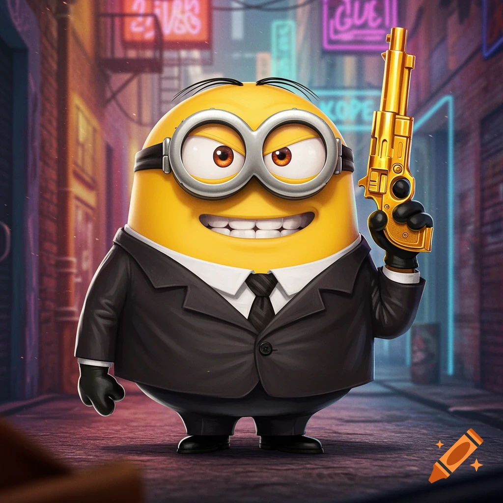 A Minion in a suit and goggles holds a golden pistol in a neon-lit ...