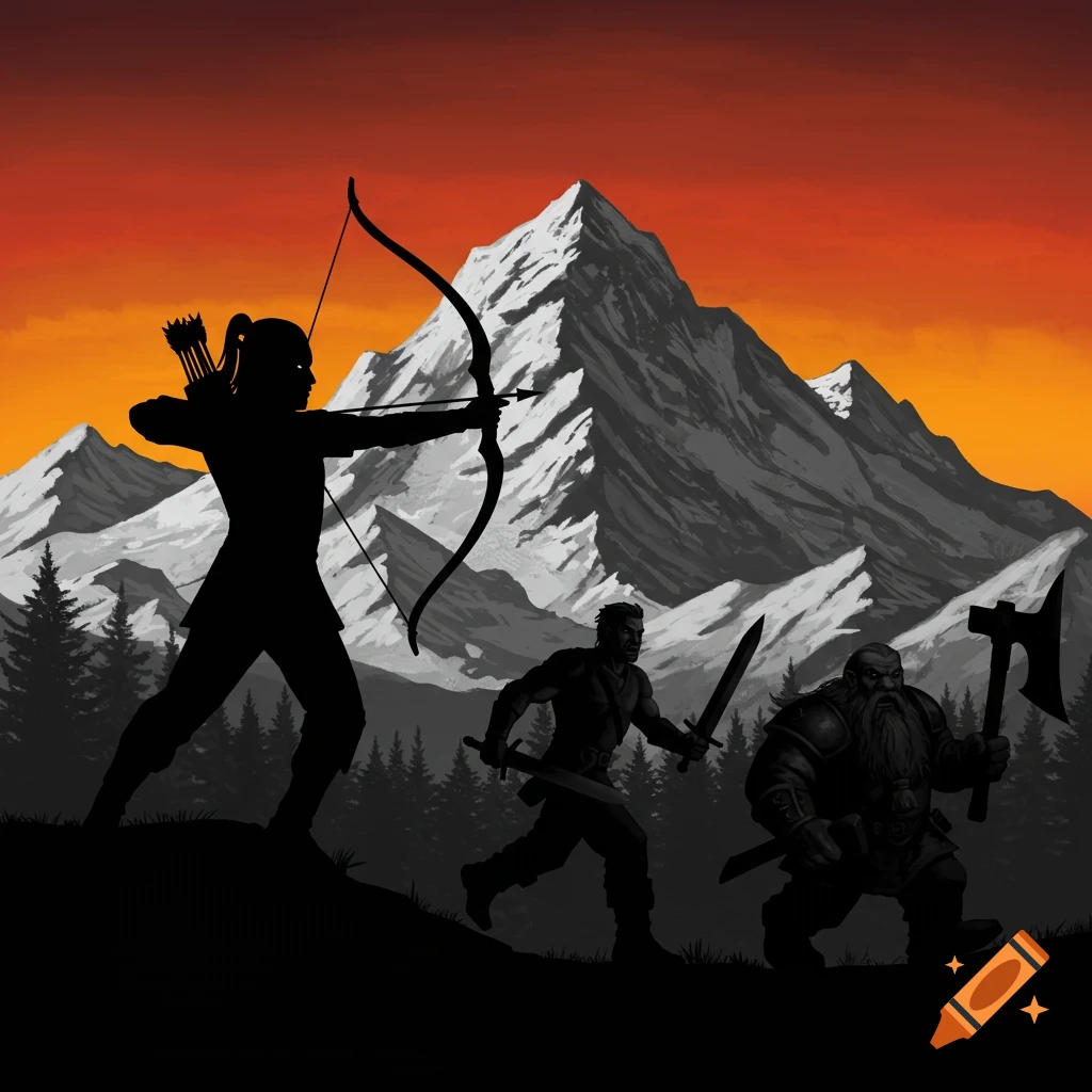 Silhouette of an elf, man, and dwarf running in the mountains on Craiyon