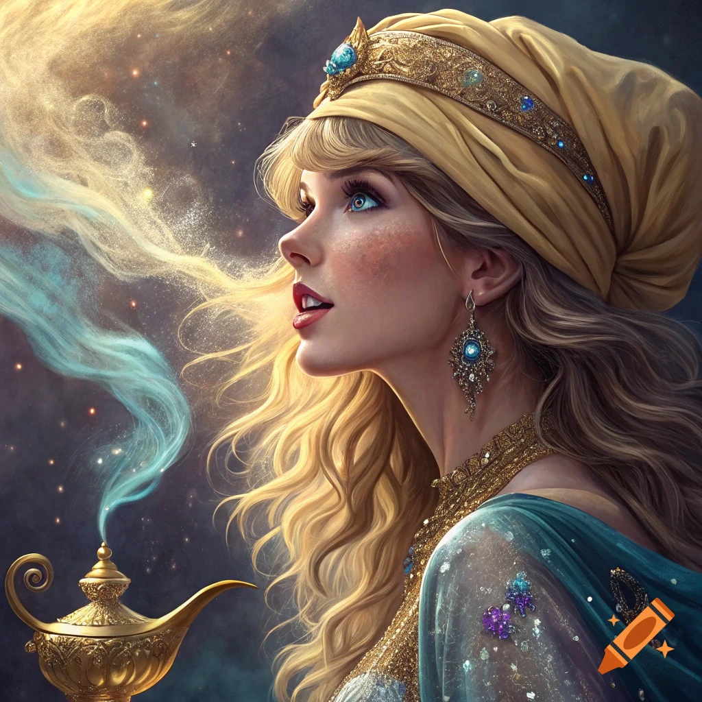 A woman with blond hair and blue eyes dressed as a genie, wearing a ...