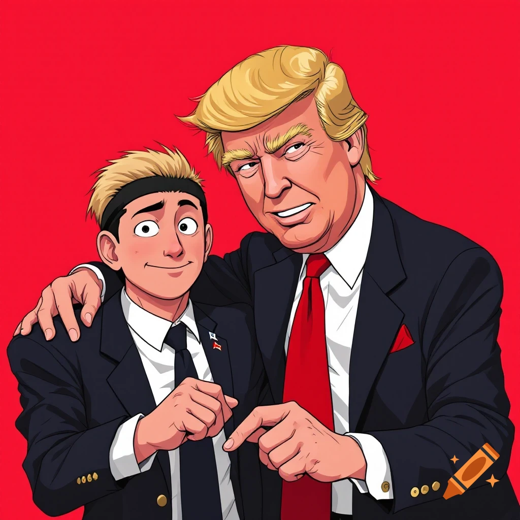 Cartoon of Donald Trump with arm around a young man in a suit, both ...
