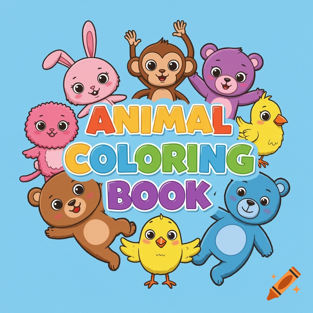 Cartoon animals surrounding the title 'Animal Coloring Book' on a blue ...