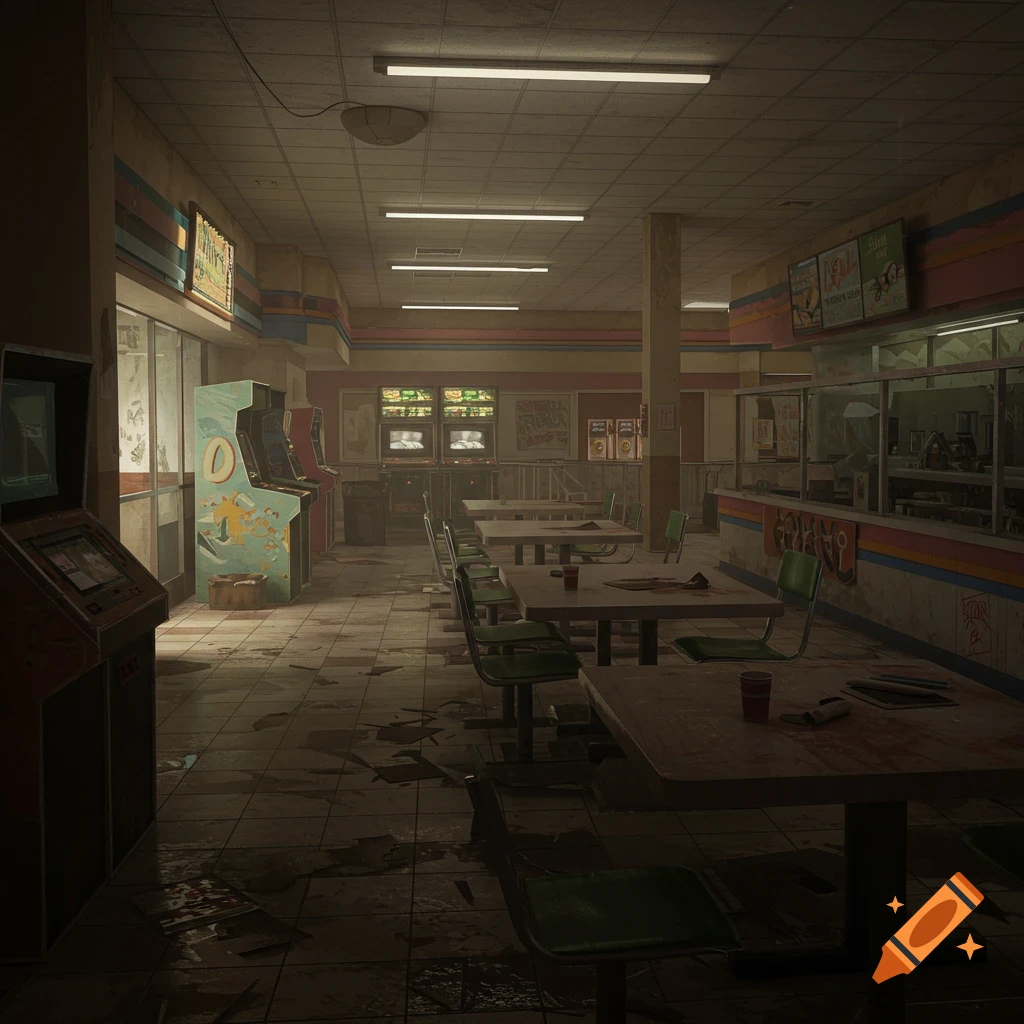 An abandoned 90s vintage arcade and restaurant interior, capturing a ...