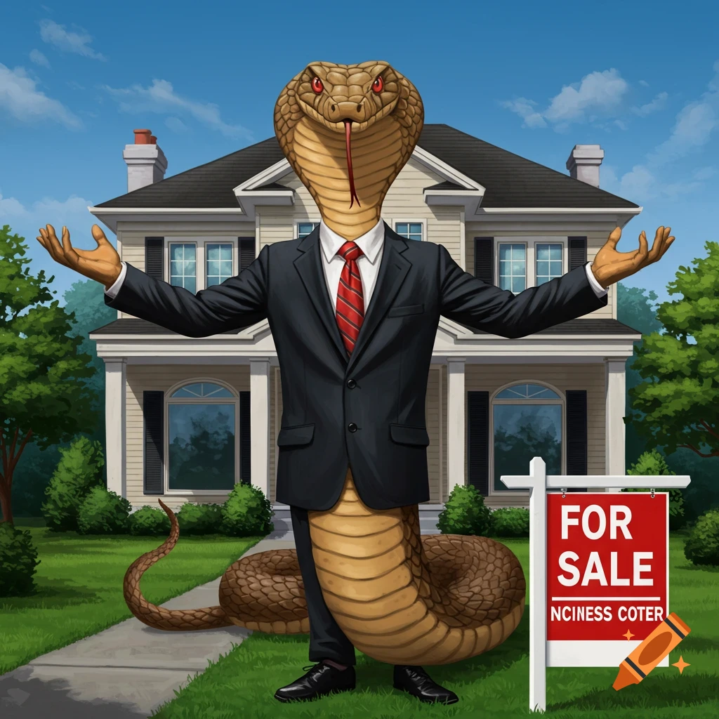 Snake in business suit in front of luxury home with for sale sign on ...