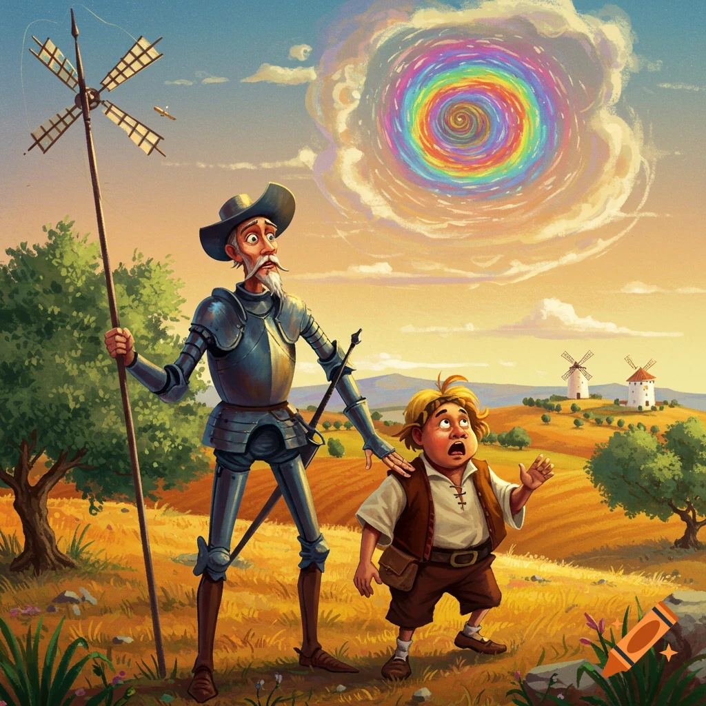 Don Quixote and Sancho Panza hearing a loud noise on Craiyon